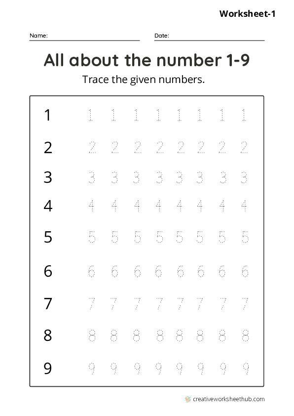 Numbers 1 to 9 Worksheets for Kindergarten - creativeworksheetshub