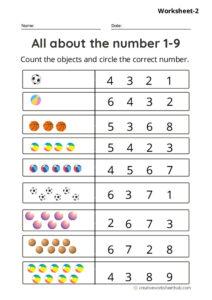 Numbers 1 to 9 Worksheets for Kindergarten - creativeworksheetshub