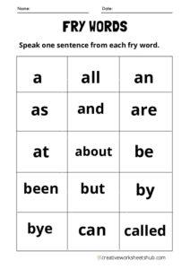 Fry Words Worksheet - creativeworksheetshub